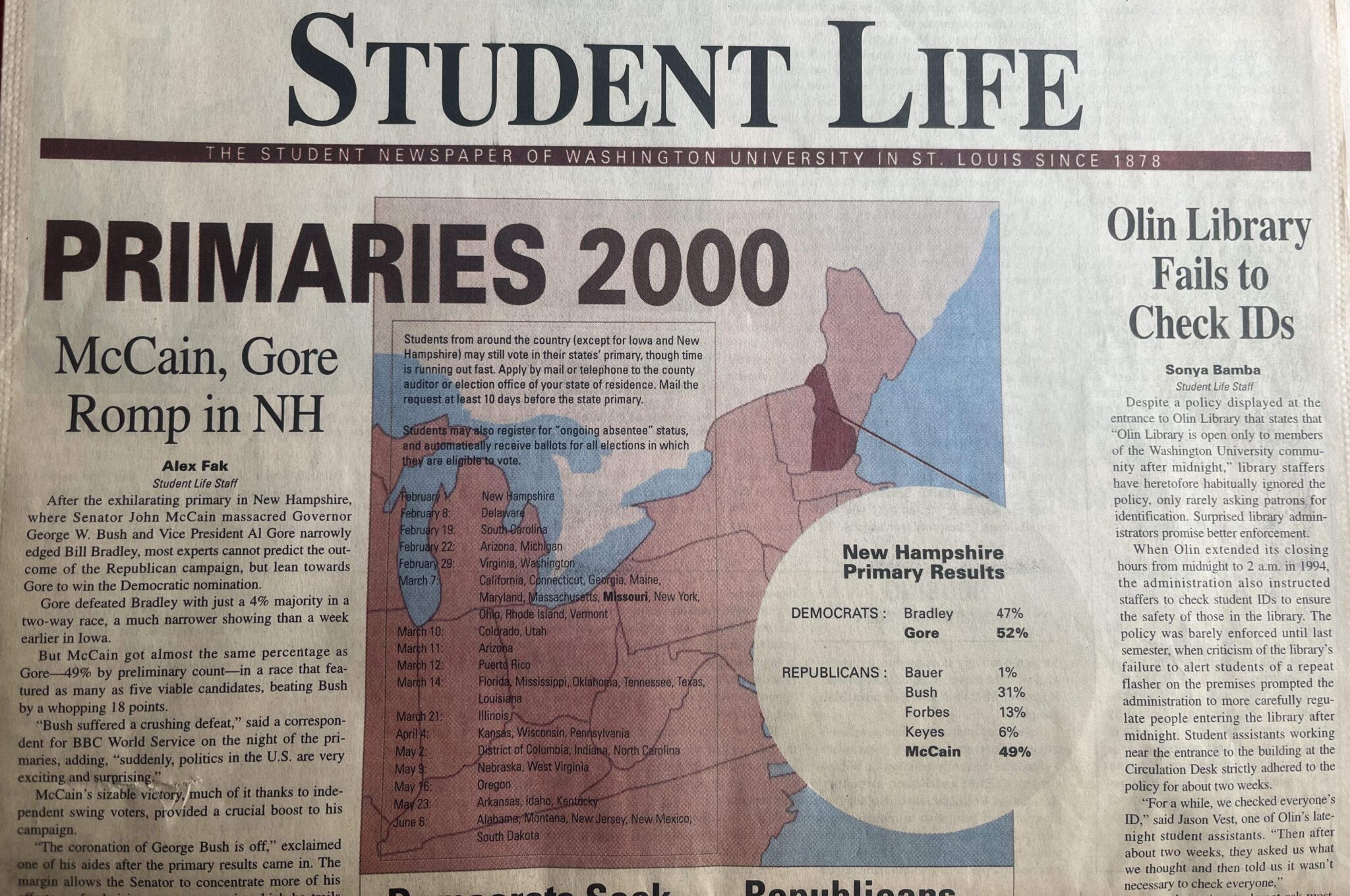 Student Life Newspaper – 2000 Presidential Primary Issue – johncombest.com